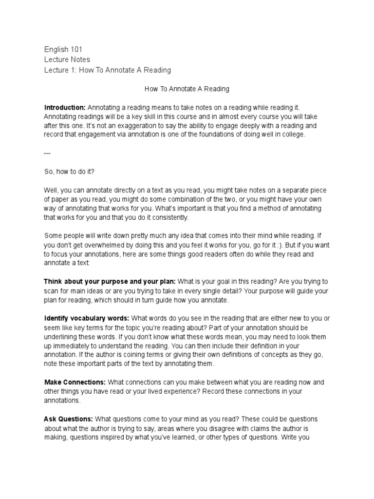 Lecture 1 - How To Annotate A Reading | PDF | Definition | Mind