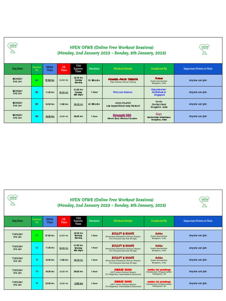 HFEN - OFWS-Weekly Timetable - 2nd Jan To 8th Jan 23 | PDF | Physical Fitness | Physical Exercise