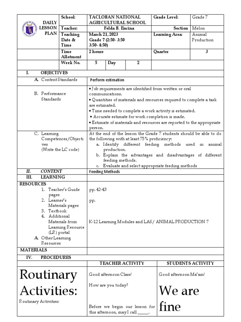 DAILY Lesson Plan Week 5 Day 1 | PDF | Teachers | Learning