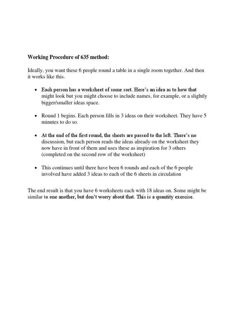 Working Procedure Of 635 Method PDF Brainstorming Human Communication