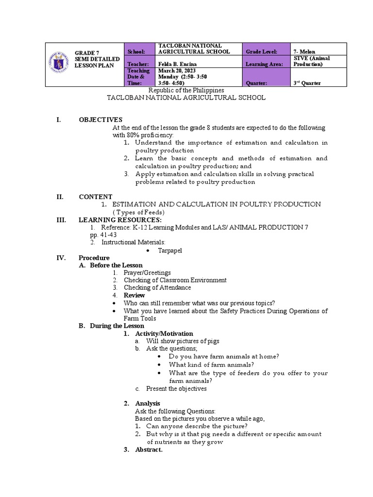 Grade 7 Animal Production Lesson Plan | PDF | Learning | Lesson Plan