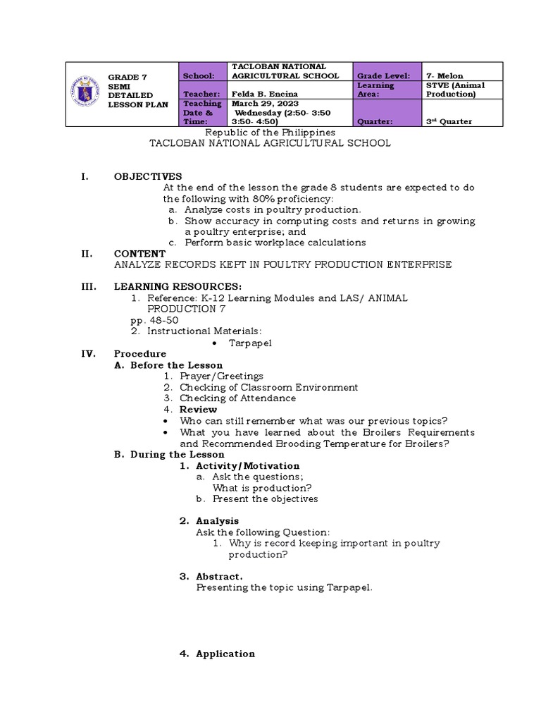 Grade 7 Poultry Production Lesson Plan | PDF | Return On Investment