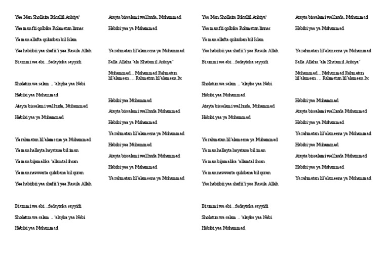 Yaa Man Shollaita Bikullil Anbiya | PDF