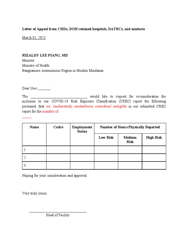 Letter of Appeal From CHDS, Doh Retained Hospitals, Datrcs, and ...