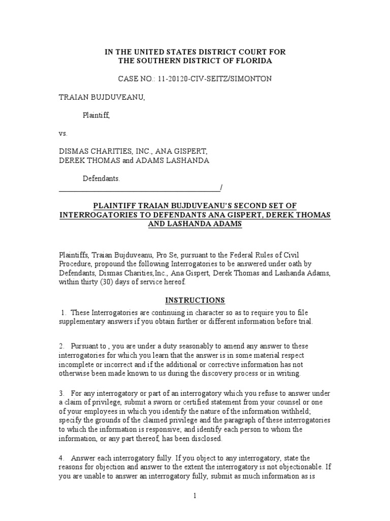 Plaintiff Second Set of Interogatories to Defendants | Interrogatories ...