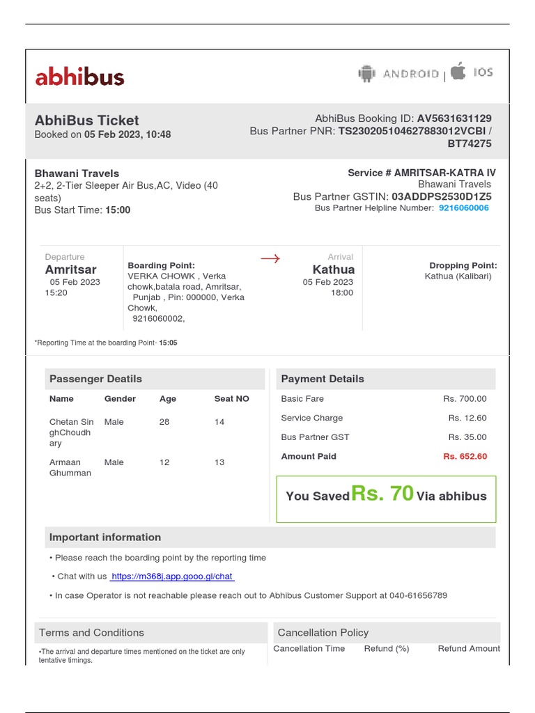 Abhibus Ticket: Amritsar Kathua | PDF | Fare | Payments
