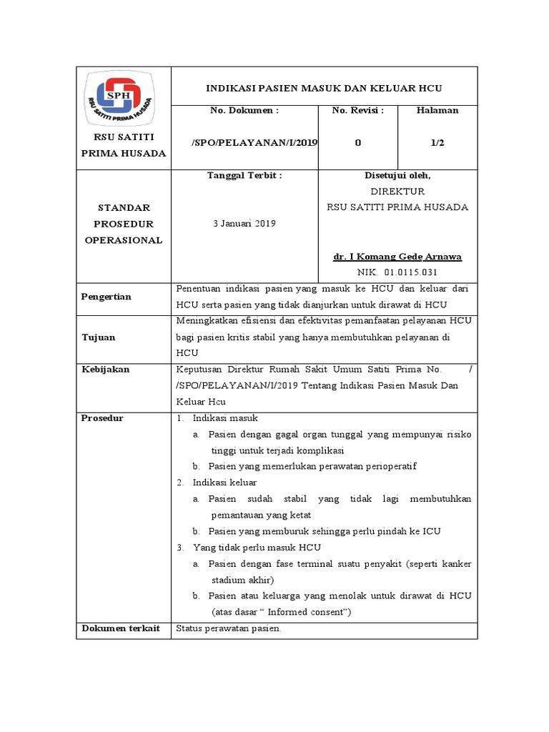 SOP Indikasi Pasien Masuk HCU | PDF