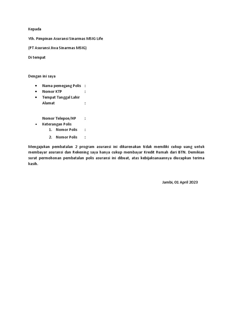 Form Pembatalan Polis Asuransi | PDF | Hukum
