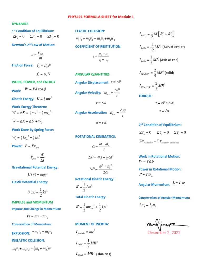 PHYS101 FORMULA SHEET For Module 1: F F F MV MV Mu Mu I MR R | PDF | Rotation Around A Fixed ...