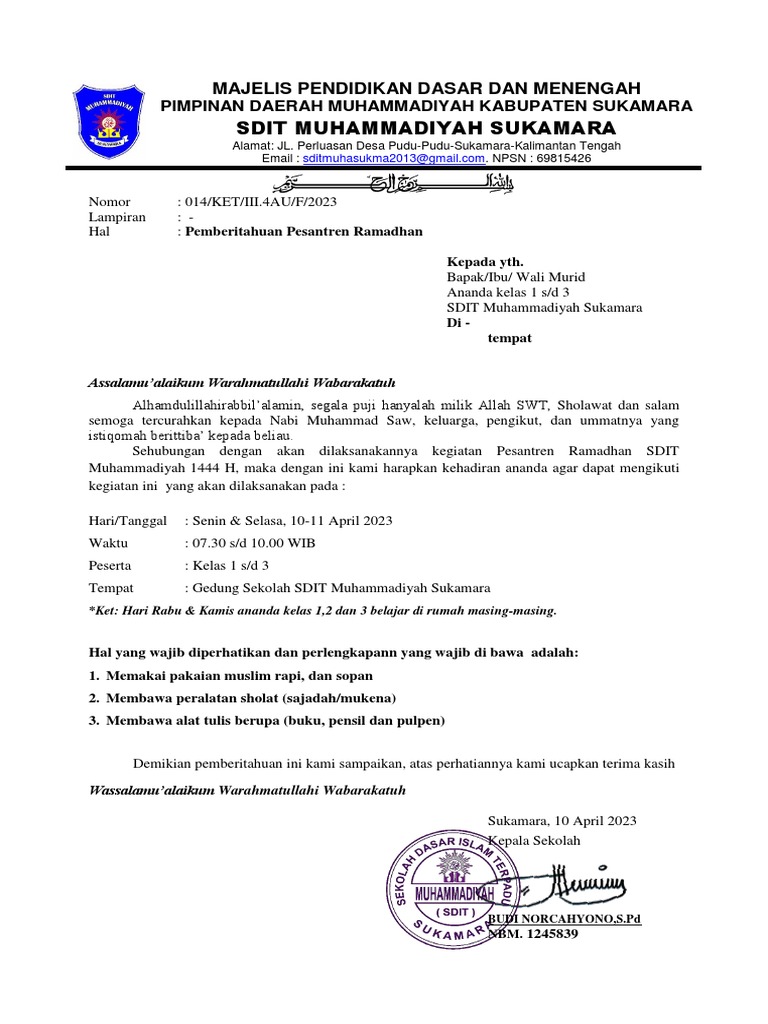 Surat Pemberitahuan Pesantren Ramadhan Kelas 1,2,&3 | PDF
