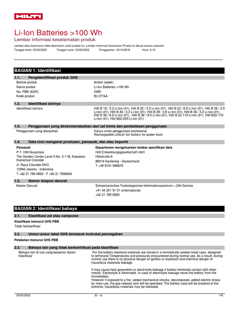 Material Safety Datasheet LI ION BATTERIES GT 100Wh ID Material Safety Datasheet IBD WWI ...