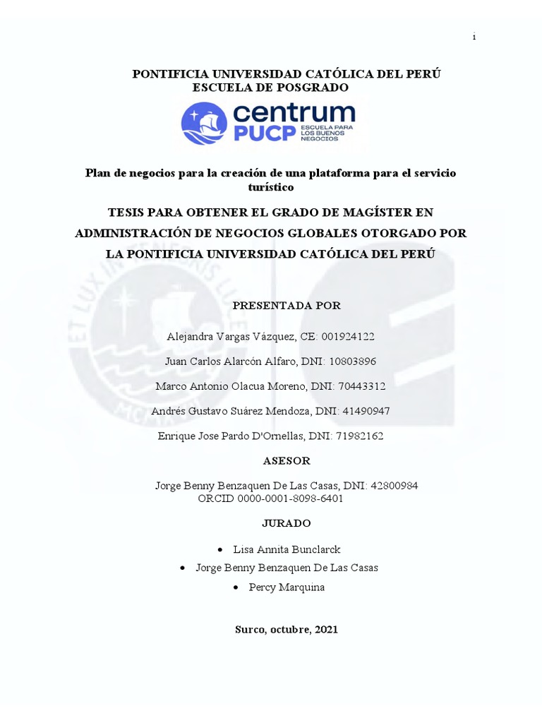 Plan de Negocios para La Creación de Una Plataforma para El Servicio Turístico - VARGAS | PDF ...