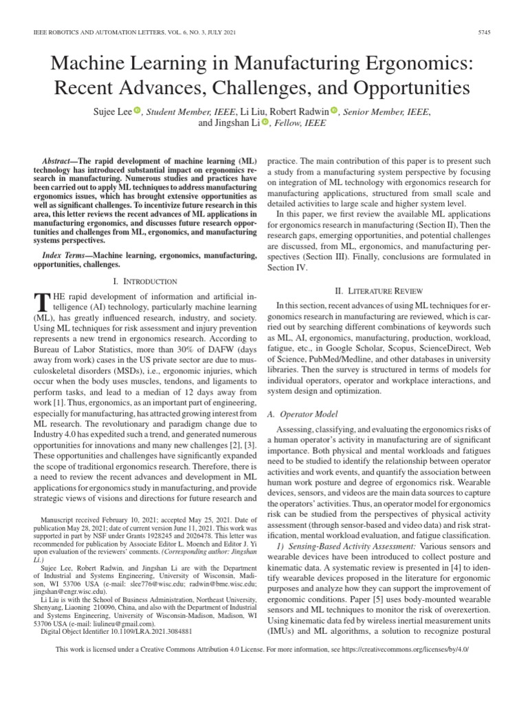 Machine Learning in Manufacturing Ergonomics Recent Advances Challenges ...