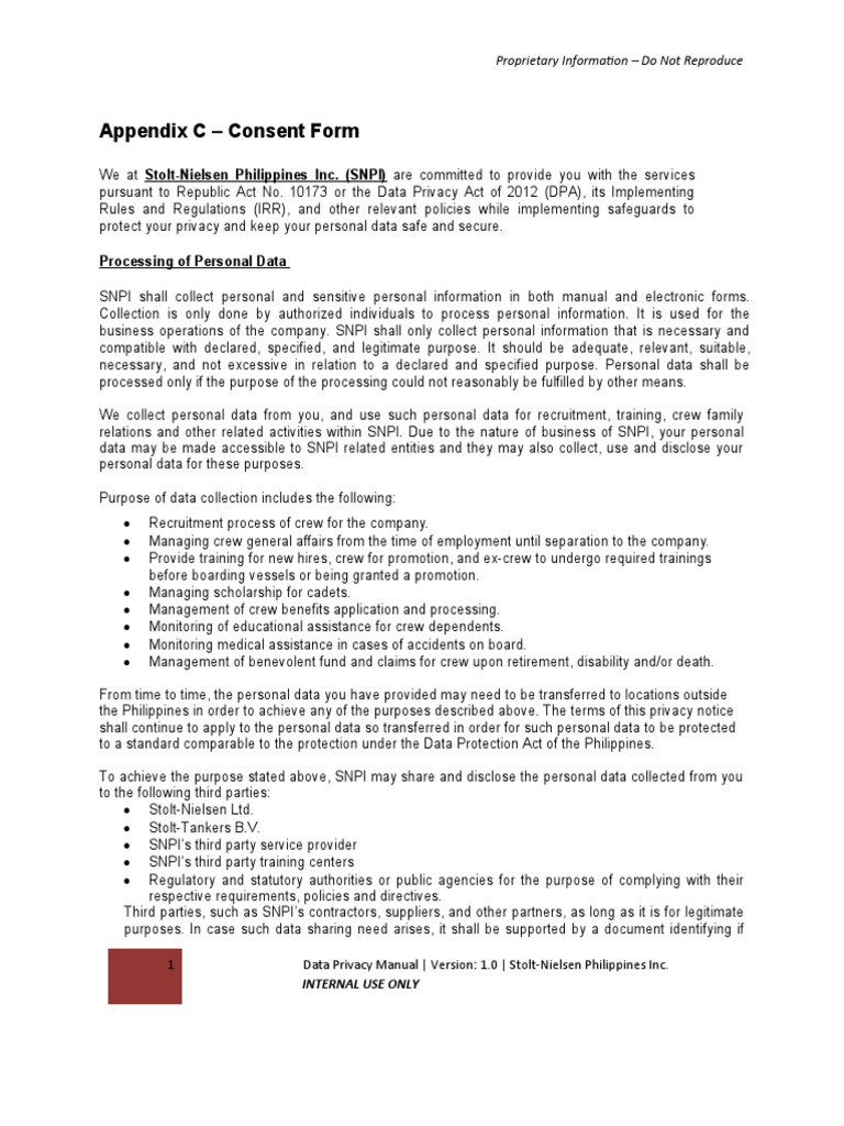 Consent Form Appendix C (DPM - SNPI) | PDF | Privacy | Business