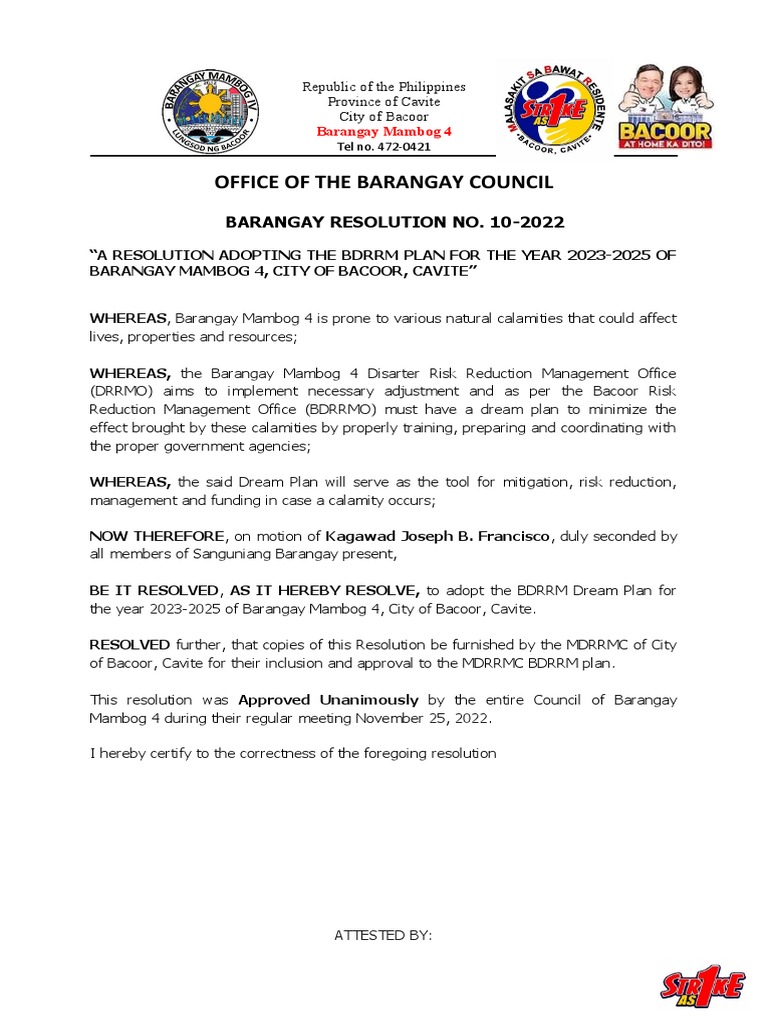 Barangay Resolution 10 2022 BDRRMO Dream Plan 2023 2025 | PDF