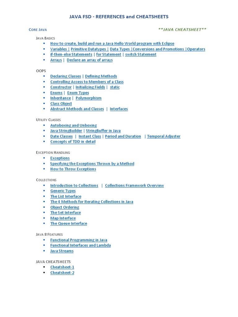Java FSD Reference CheatSheet-1 | PDF | Spring Framework | Java Script Java FSD Reference CheatSheet-1 | PDF | Spring Framework | Java Script