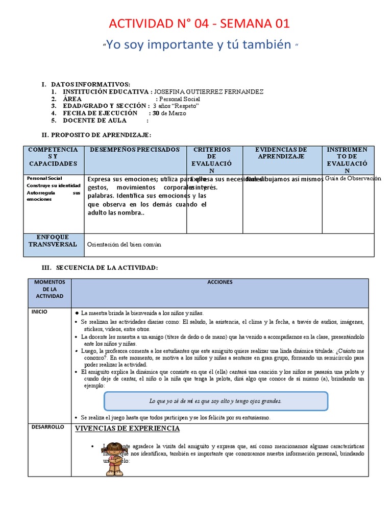 "Yo Soy Importante: Actividades para Niños" | PDF | Evaluación | Las ...