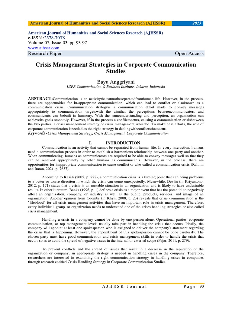 Crisis Management Strategies in Corporate Communication Studies | PDF ...