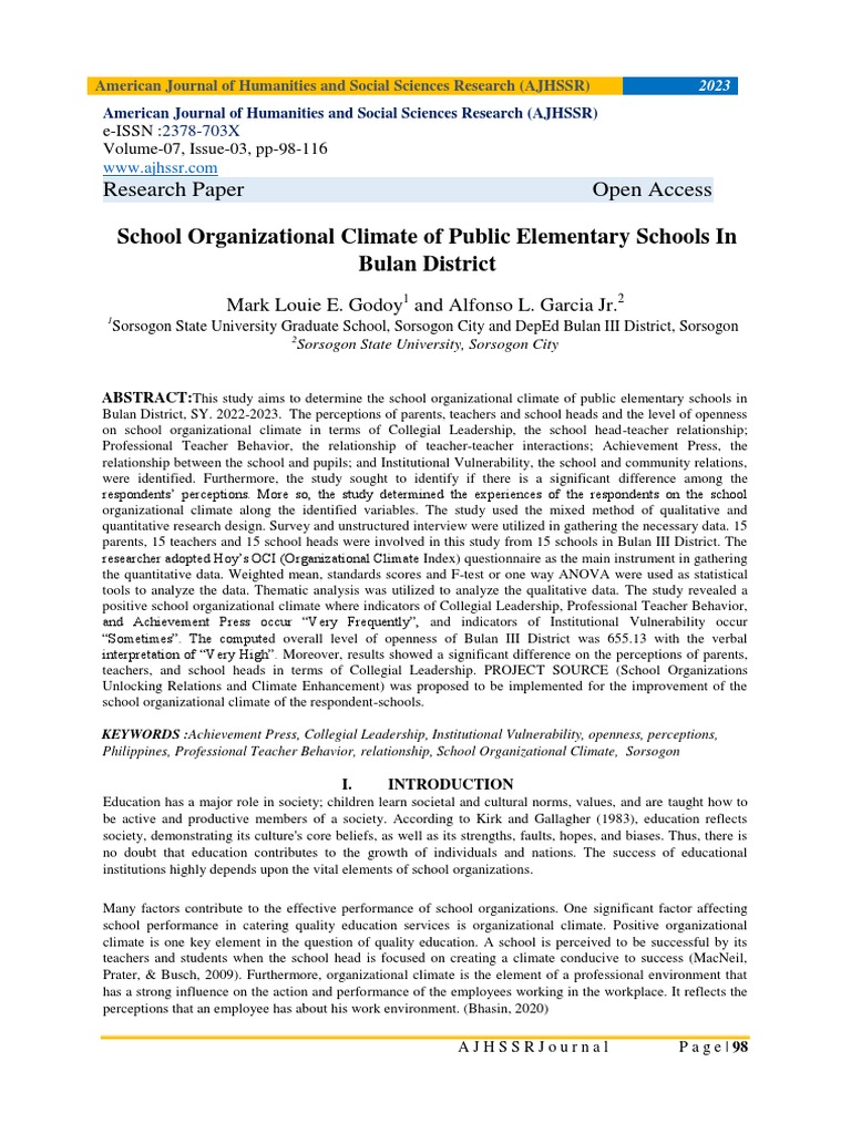 School Organizational Climate of Public Elementary Schools in Bulan District | Download Free PDF ...