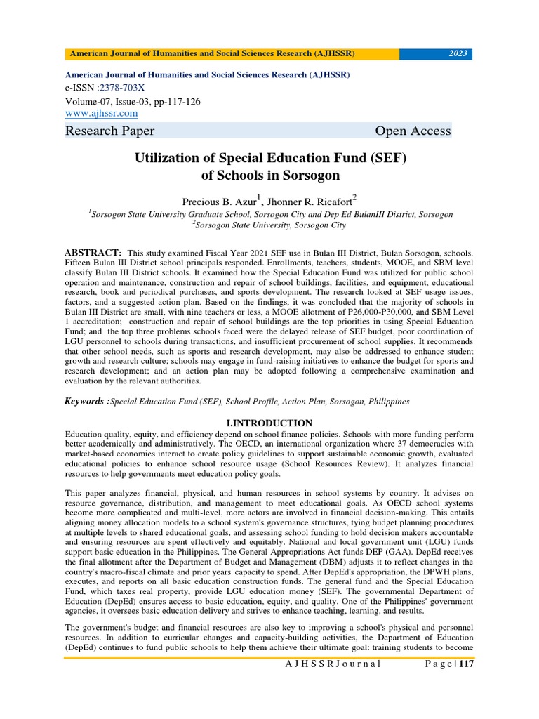 Utilization of Special Education Fund (SEF) of Schools in Sorsogon | PDF | Schools | Governance