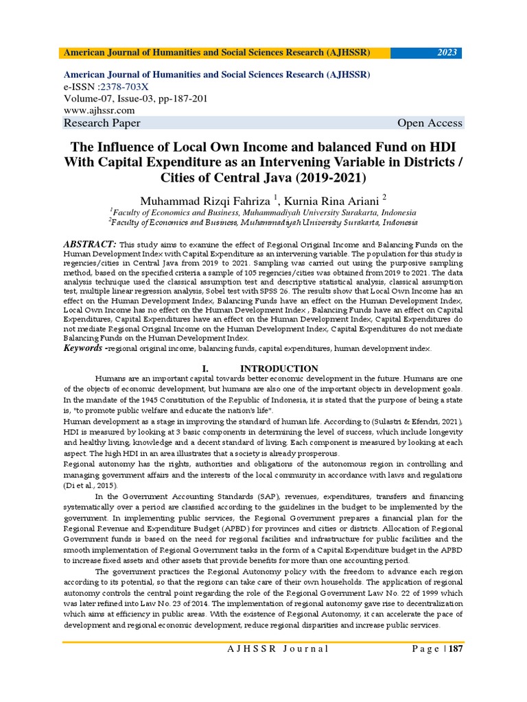 The Influence of Local Own Income and Balanced Fund On HDI With Capital ...