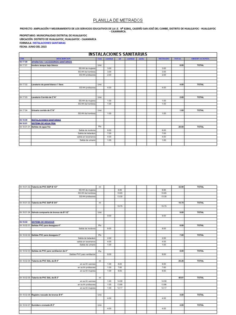 Metrados SS-HH Inst. Sanitarias | PDF | Hidráulica | Ingeniería Ambiental
