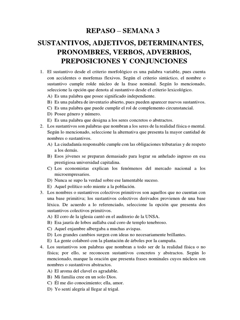 Repaso - Semana 3 Sustantivos, Adjetivos, Determinantes, Pronombres ...
