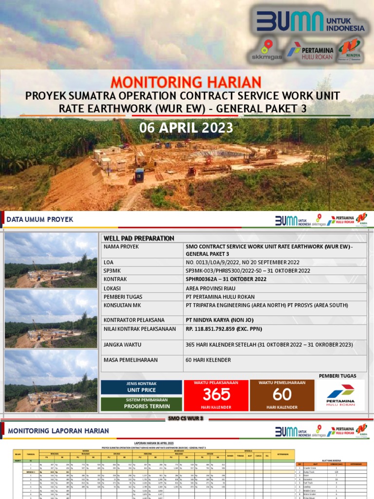 06 APRIL 2023: Proyek Sumatra Operation Contract Service Work Unit Rate Earthwork (Wur Ew ...
