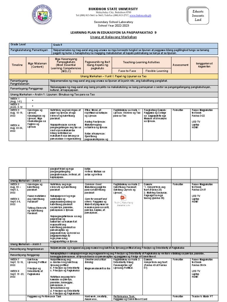 Learning Plan ESP 1st Sem 2022 2023 | PDF