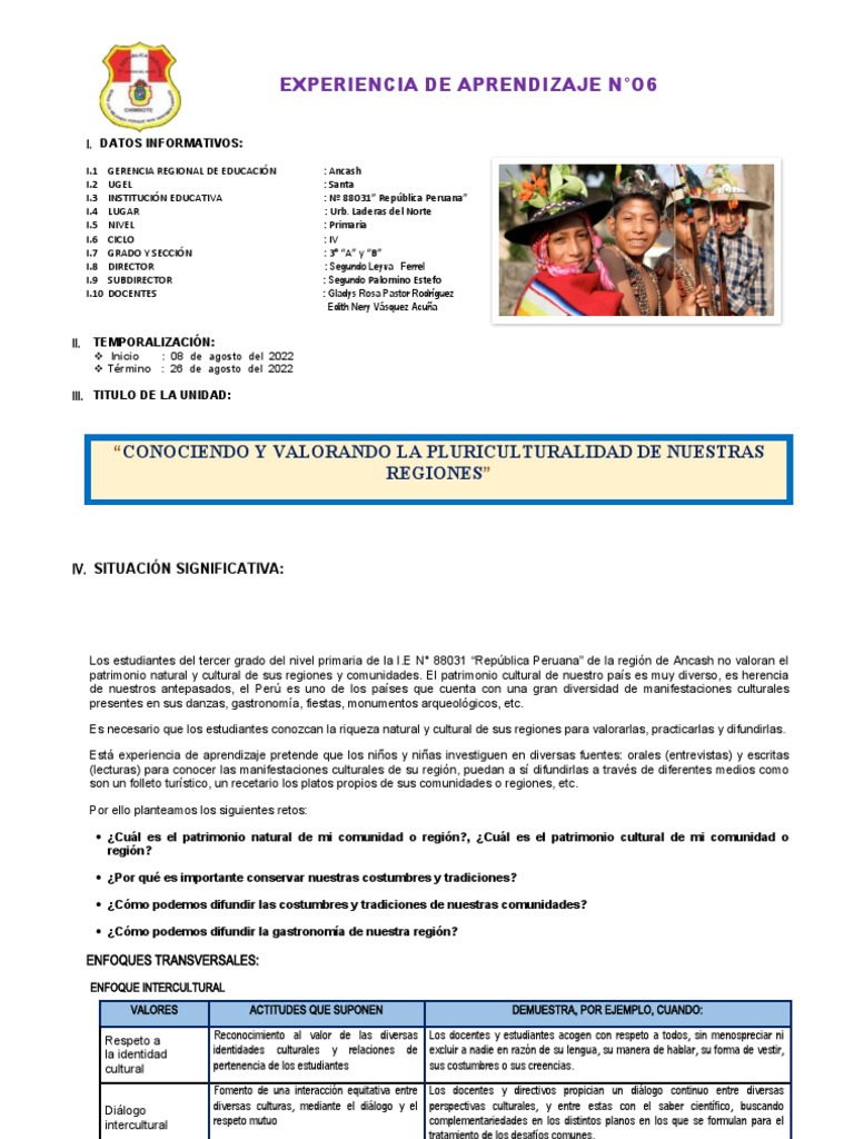 Experiencia de Aprendizaje N°O6: Conociendo Y Valorando La ...