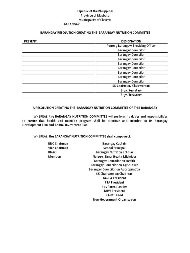 Barangay Resolution Creating The Barangay Nutrition Committee Present ...