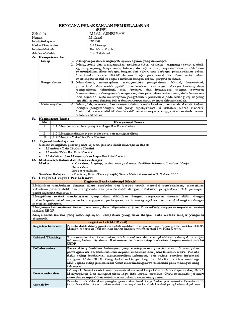 RPP Kelas 6 SBDP | PDF