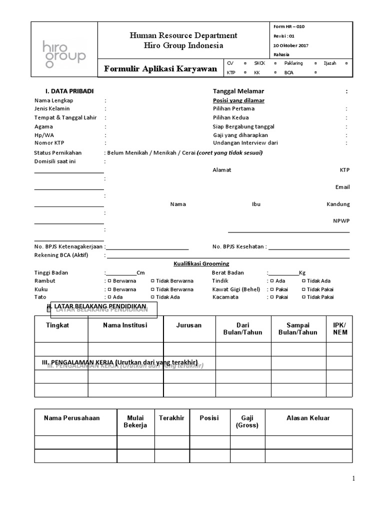 Formulir Aplikasi Karyawan: Human Resource Department Hiro Group Indonesia | PDF