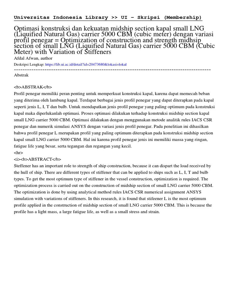 Optimasi Profil Penegar untuk Meningkatkan Kekuatan Konstruksi Midship Section Kapal Small LNG ...