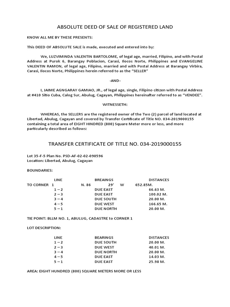 Absolute Deed of Sale of Registered Land | PDF | Deed | Taxes