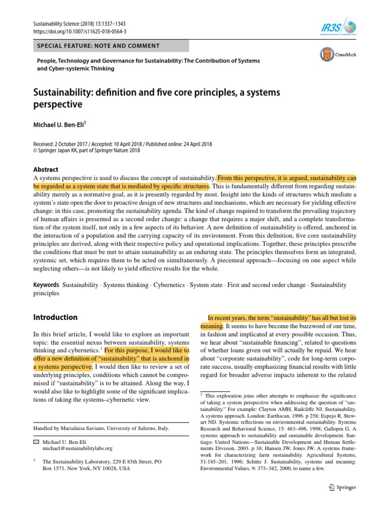 Ben-Eli, M. U. (2018) Sustainability - Definition and Five Core Principles, A Systems ...