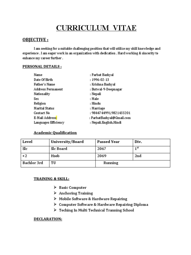 Complete Curriculum Vitae of Parbat Bashyal | PDF