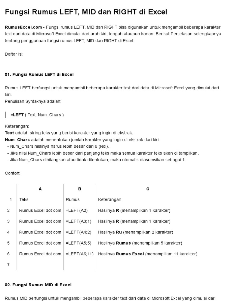 Fungsi Rumus LEFT MID Dan RIGHT Di Excel | PDF