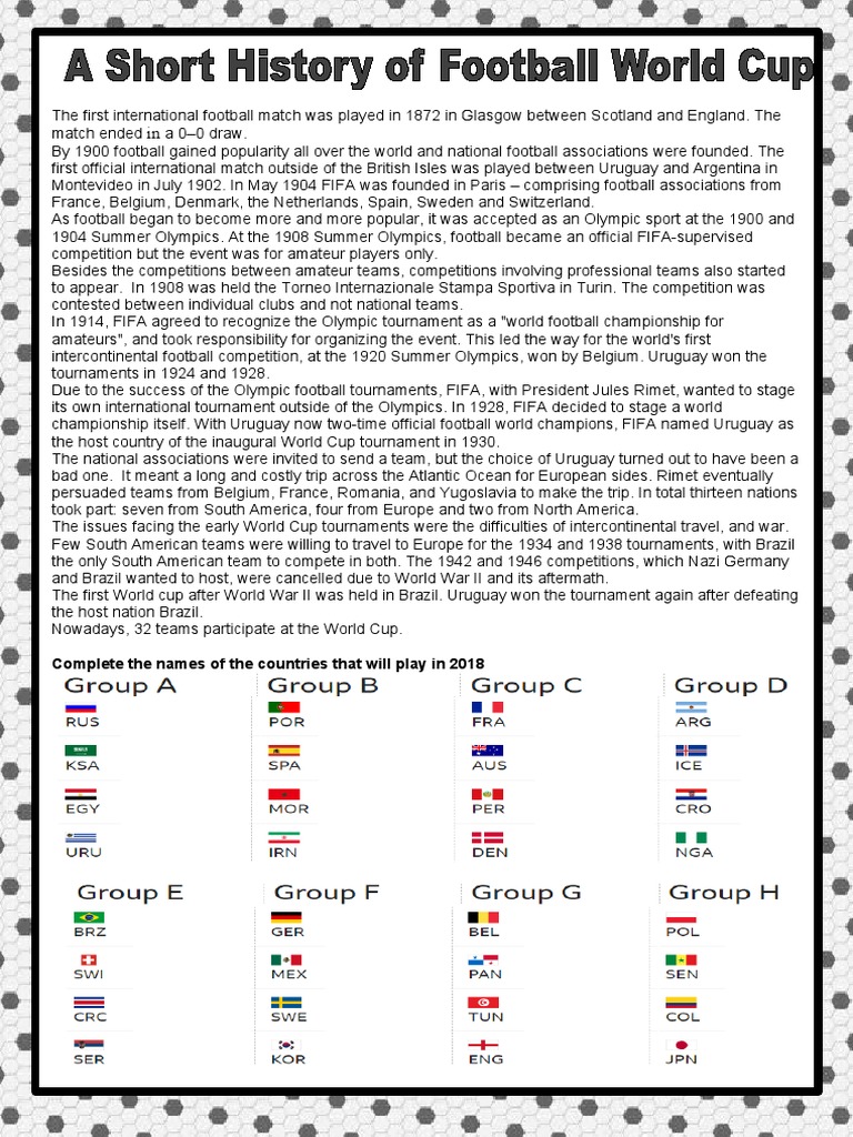 History of World Cup Oneonone Activities Reading Comprehension Exercise ...