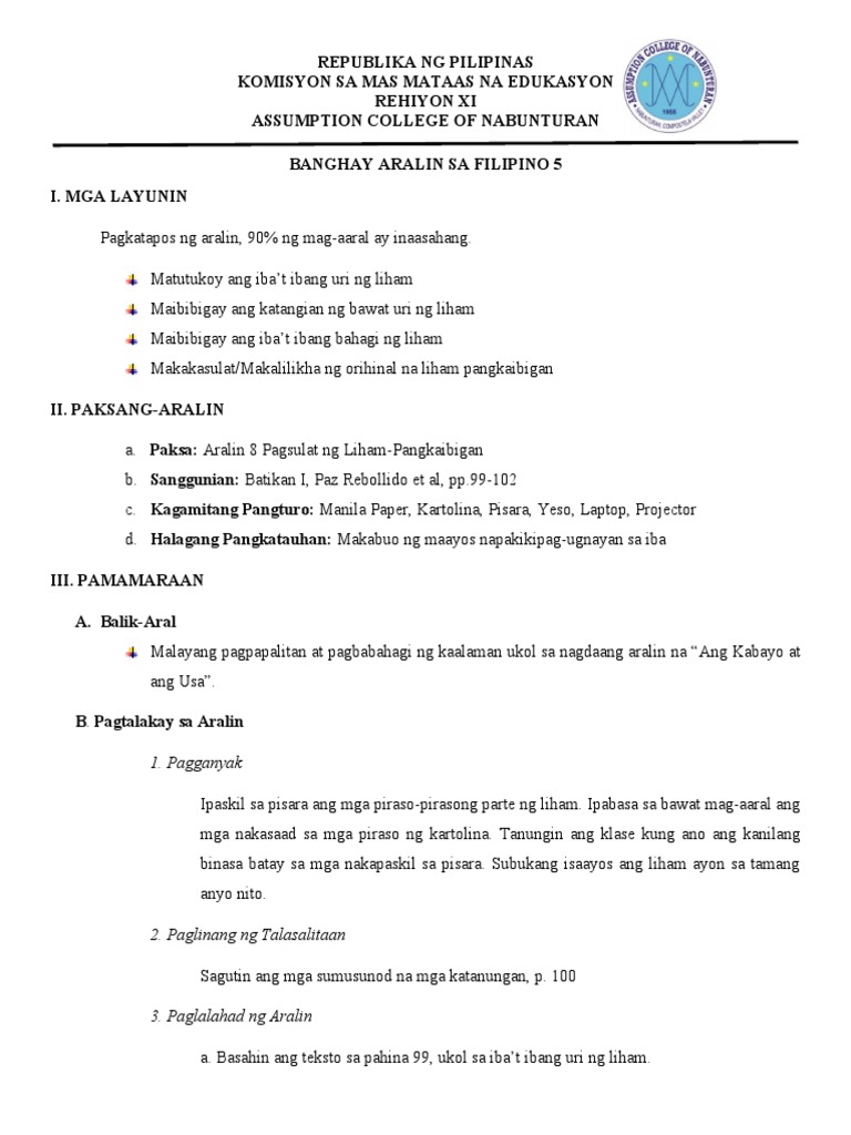 Filipino 5 Lesson Plan | PDF
