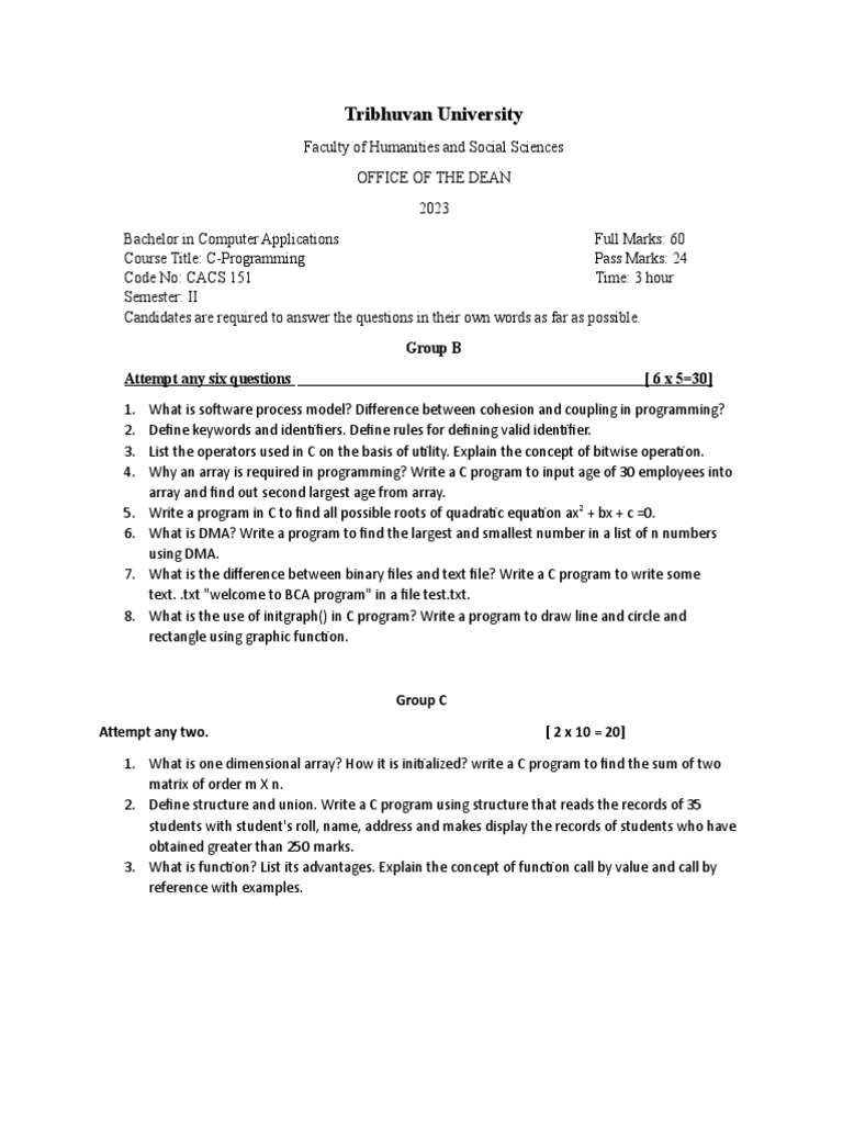 C Programming Paper, BCA, 2nd Semester, TU | PDF