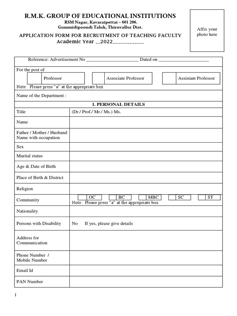 RMK Group Faculty Recruitment Application | PDF | Doctor Of Philosophy