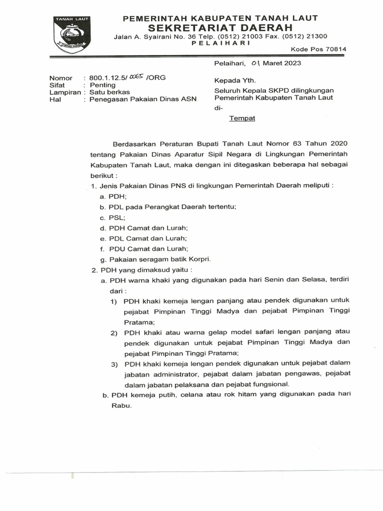 Surat Penegasan Pakaian Dinas 2023 | PDF