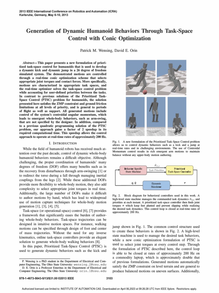 Generation Of Dynamic Humanoid Behaviors Through Task Space Control With Conic Optimization