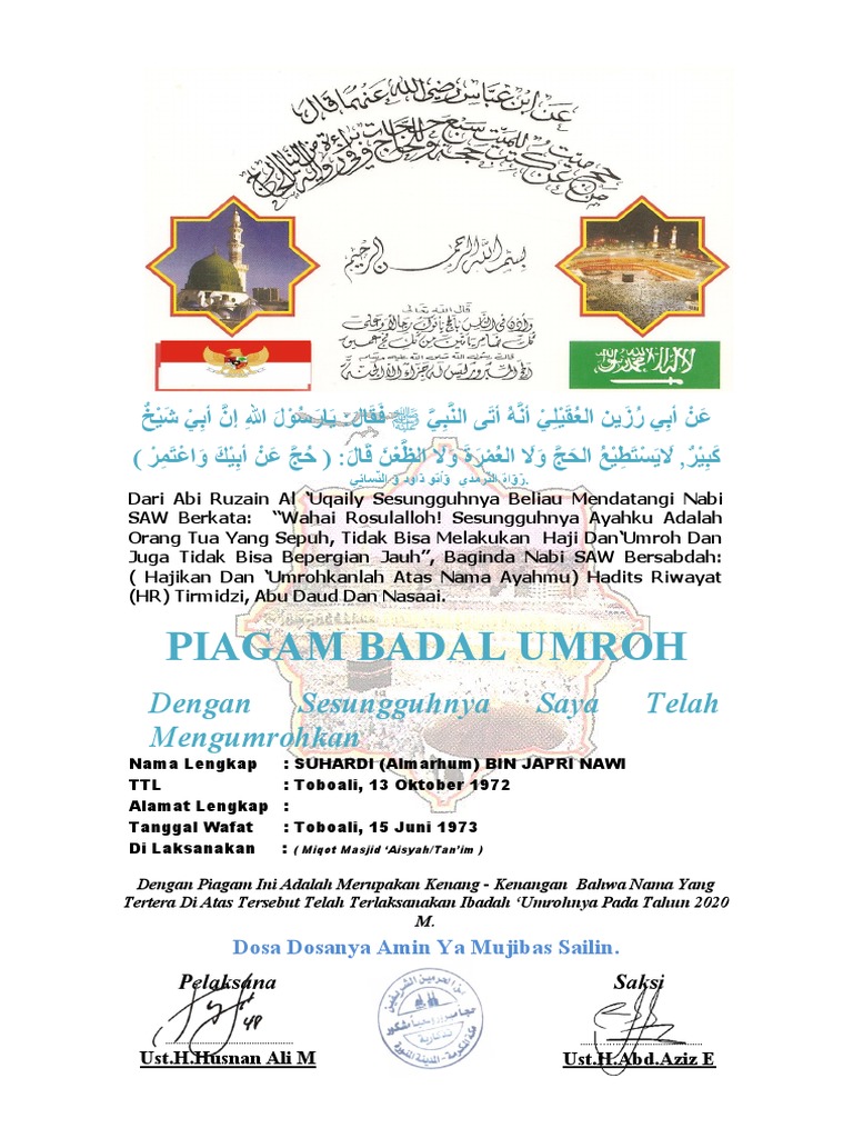 Contoh Sertifikat Badal Umroh 2025 | PDF