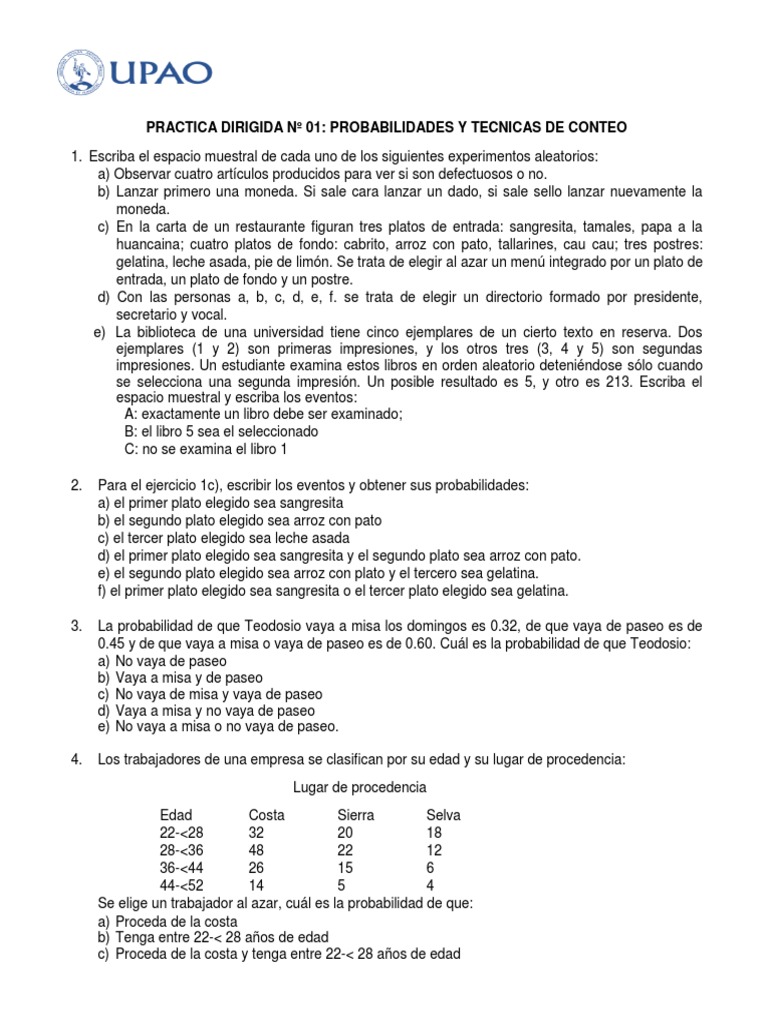 Practica Dirigida #01: Probabilidades Y Tecnicas de Conteo | PDF | Probabilidad | Triángulo