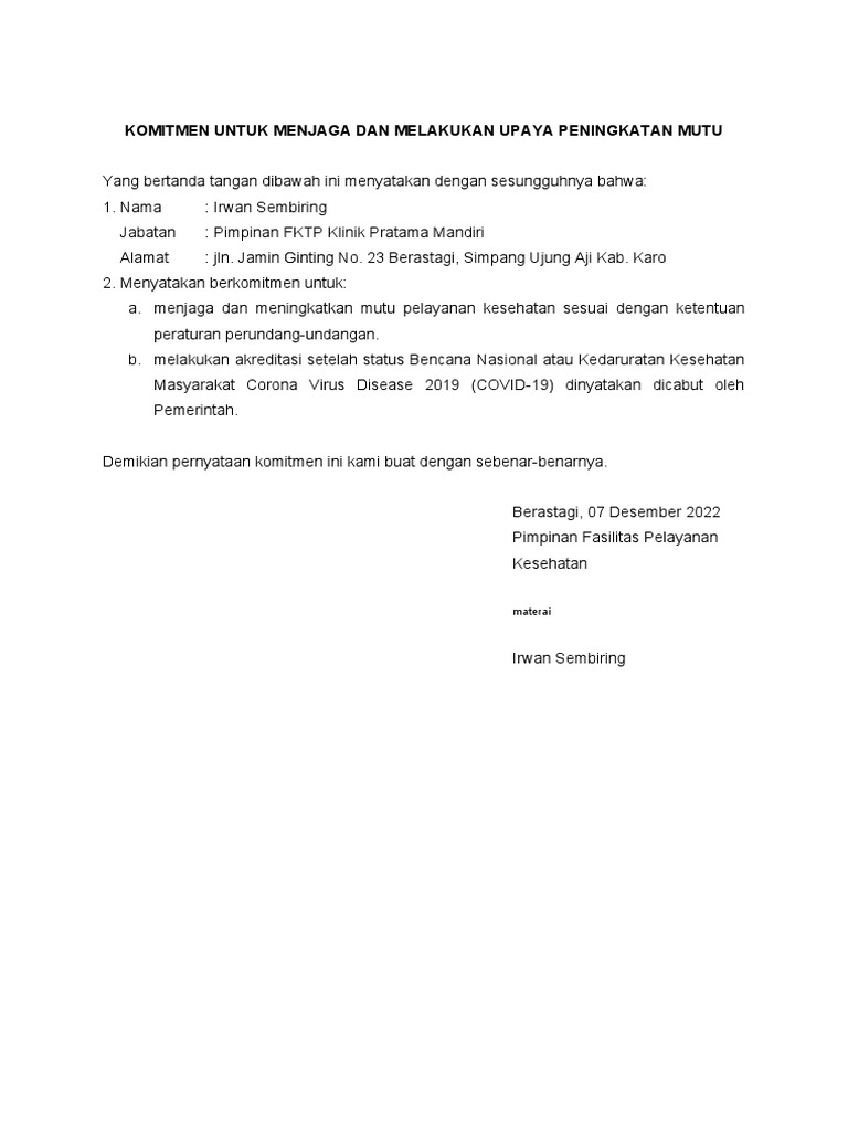 FORMAT SURAT MENJAGA MUTU Dan KOMITMEN SIO | PDF