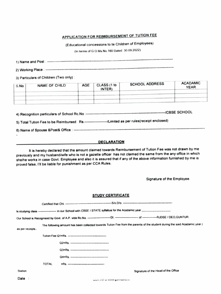 Application for Reimbursement of Tuition Fees for Employees' Children ...