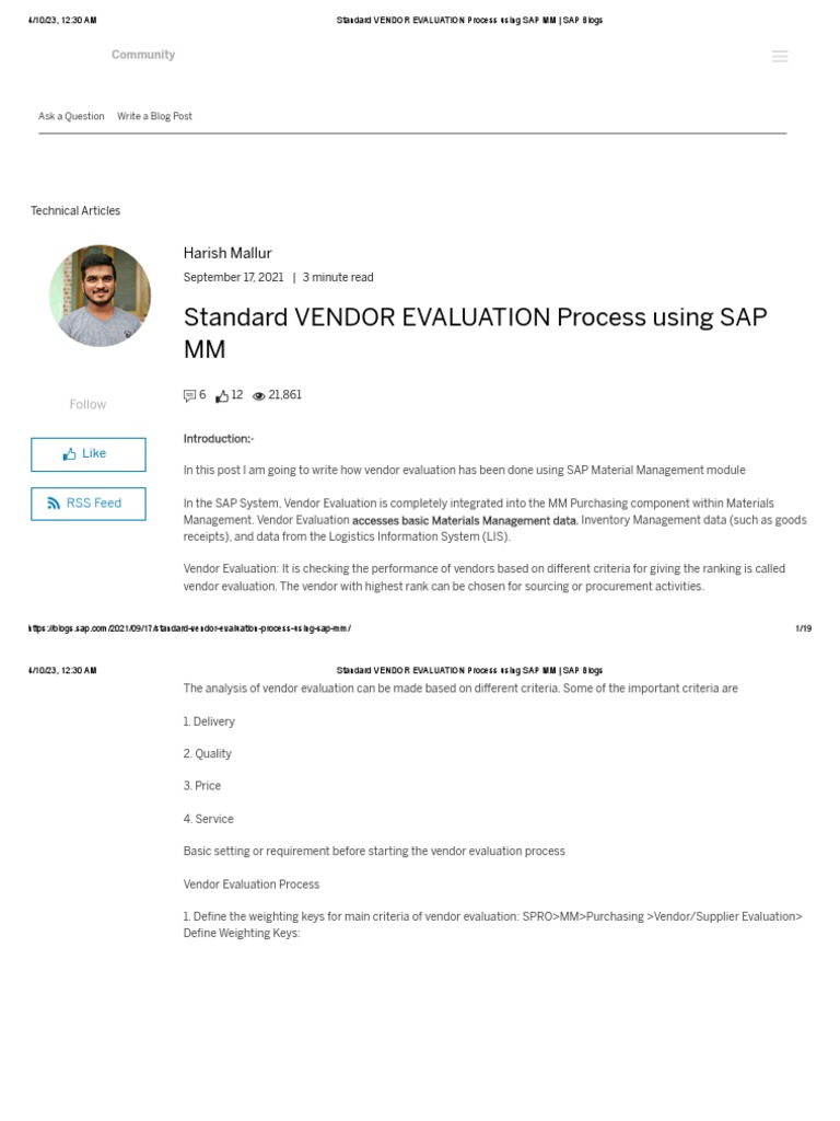 Standard VENDOR EVALUATION Process Using SAP MM - SAP Blogs | PDF ...