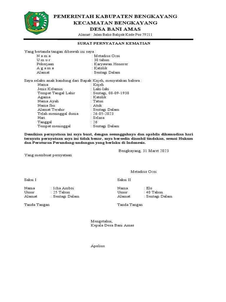 Surat Pernyataan Kematian Kojeh | PDF